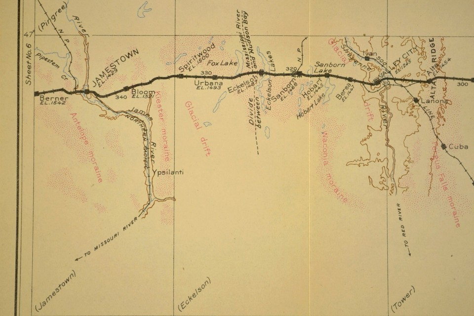 1915 Antique Northern Pacific Railroad Map Jamestown North Dakota ...