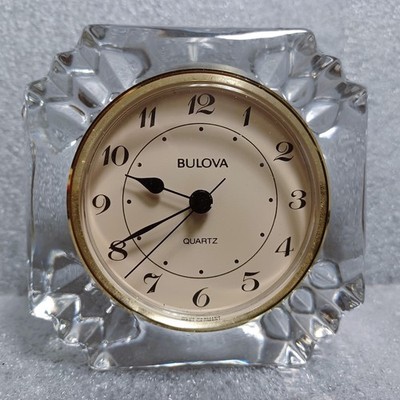 Bulova Quartz Clock 4" Square West Germany Lead Crystal Desk Mantle ...