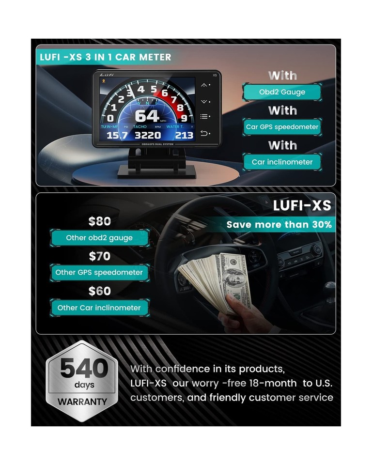 Lufi Xs Obd2 Gauge Display, GPS Speedometer,car inclinometer, Boost ...