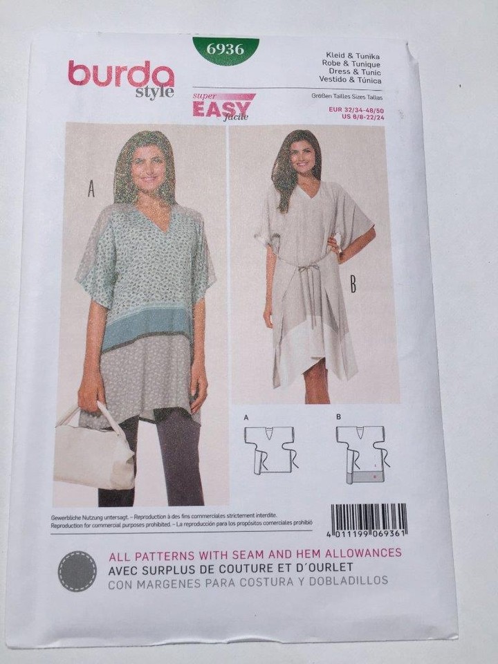 Burda Sewing Pattern 6936 Ladies Misses Semi Fitted Dress Tunic Size 6 ...
