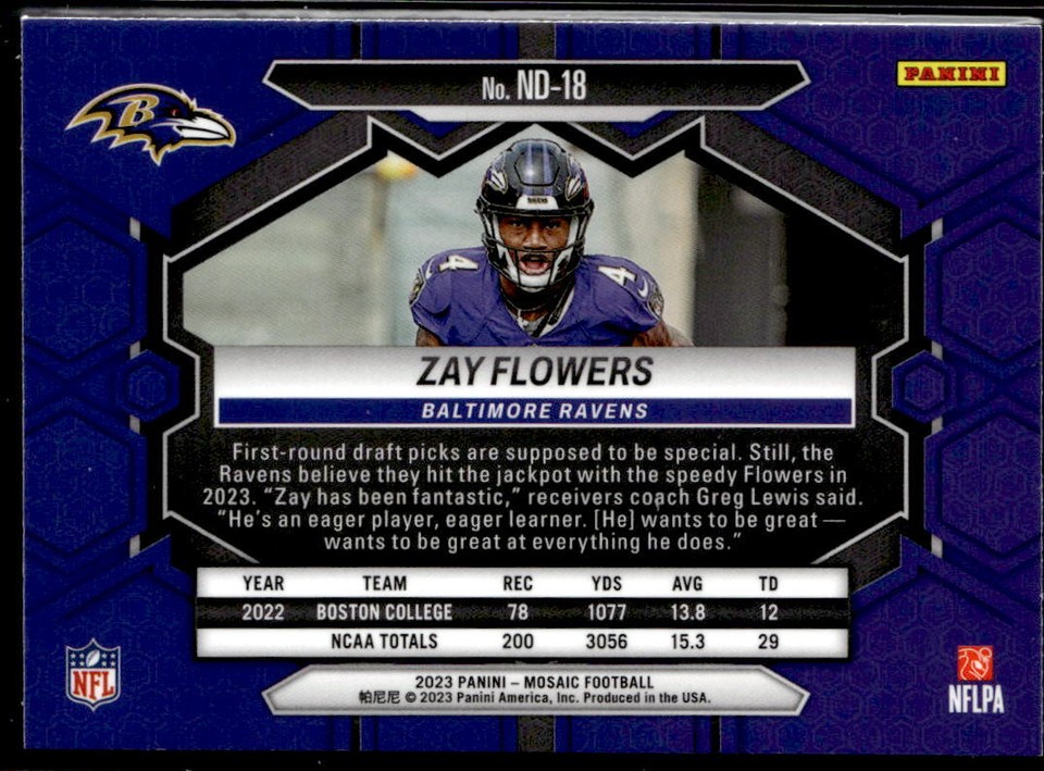 2023 Panini Mosaic #ND-18 Zay Flowers NFL Debut Rookie Baltimore Ravens ...