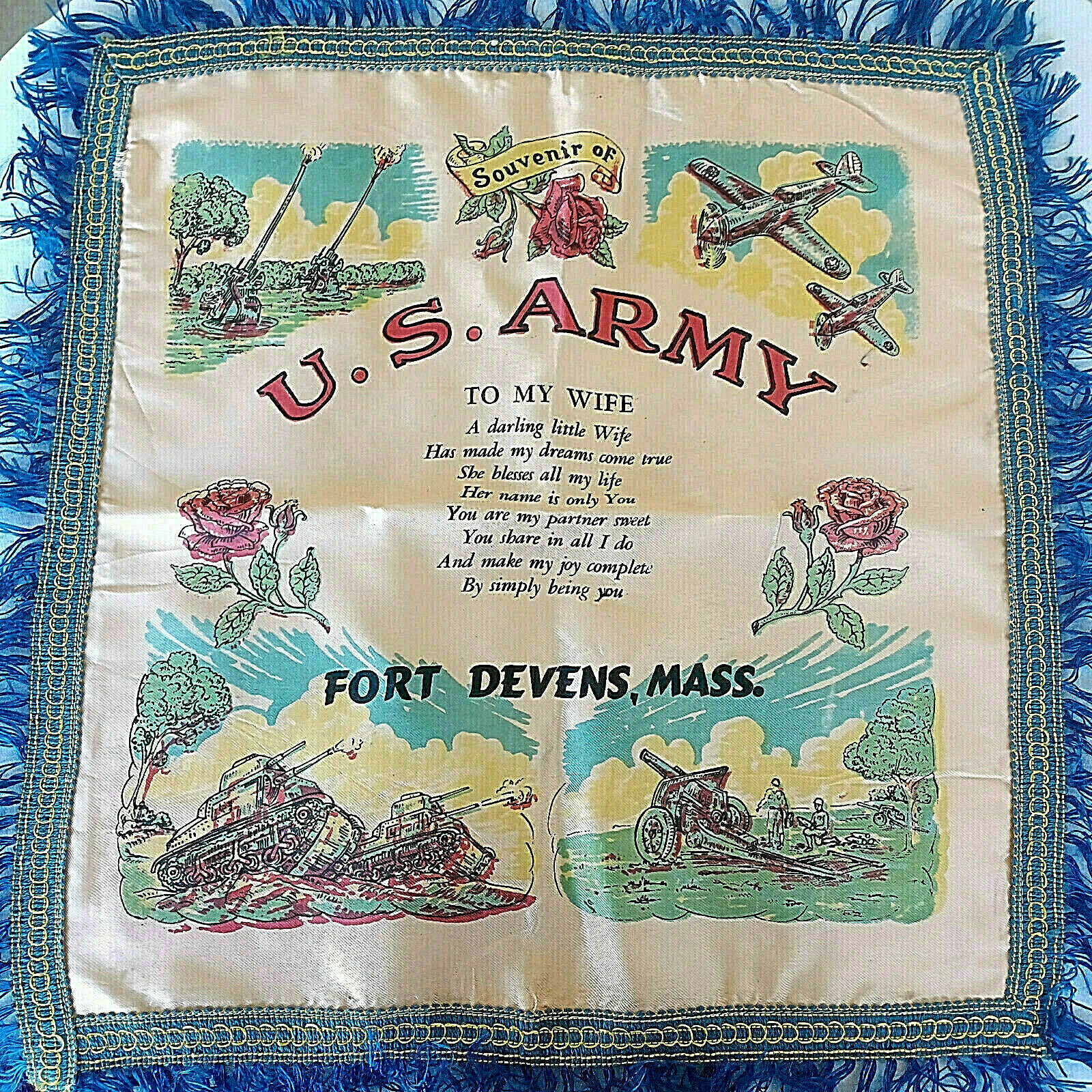 Vintage US Army Souvenir of Fort Devens MA WIFE Satin Pillow Cover ...