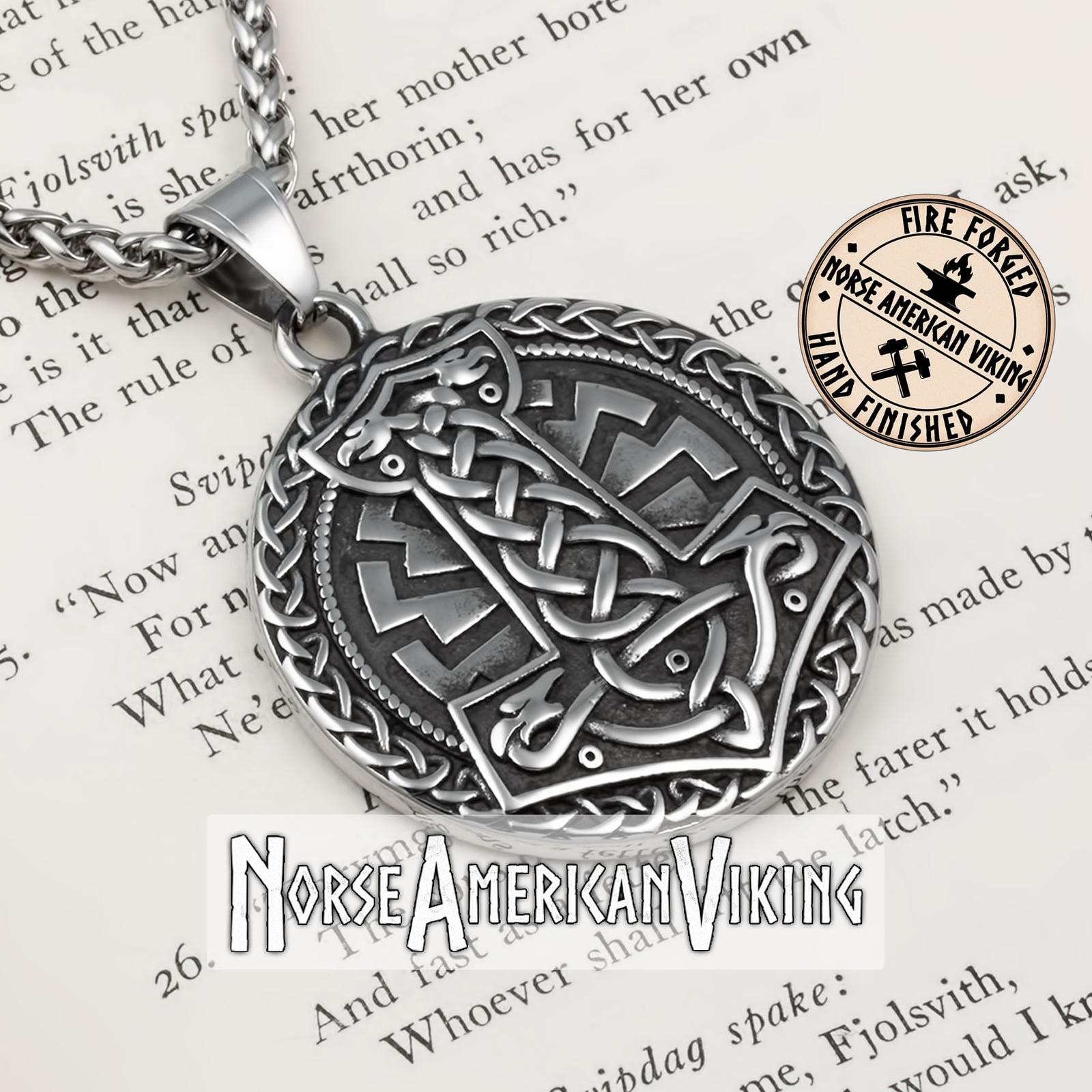 Viking Mjolnir Sowilo Rune Medallion Stainless Steel Pendant Necklace ...