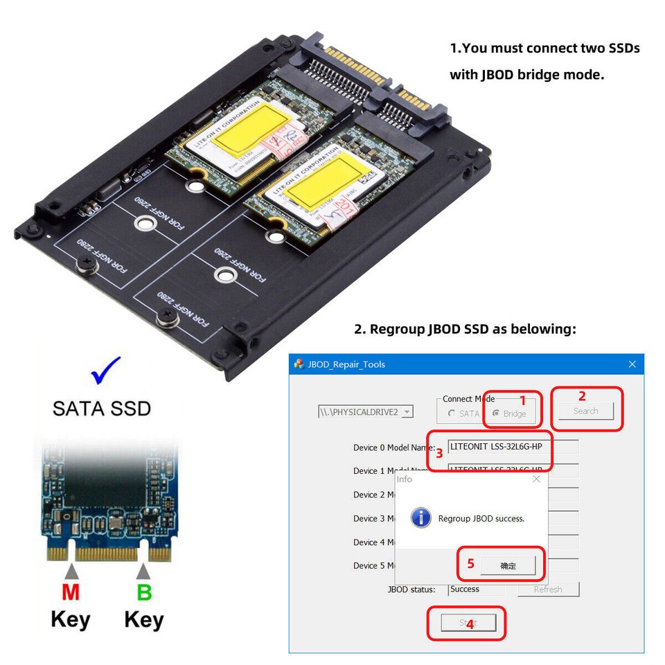 2.5inch SATA HDD Disk Drive to Dual NGFF B+M Key M.2 SSD Card JBOD ...