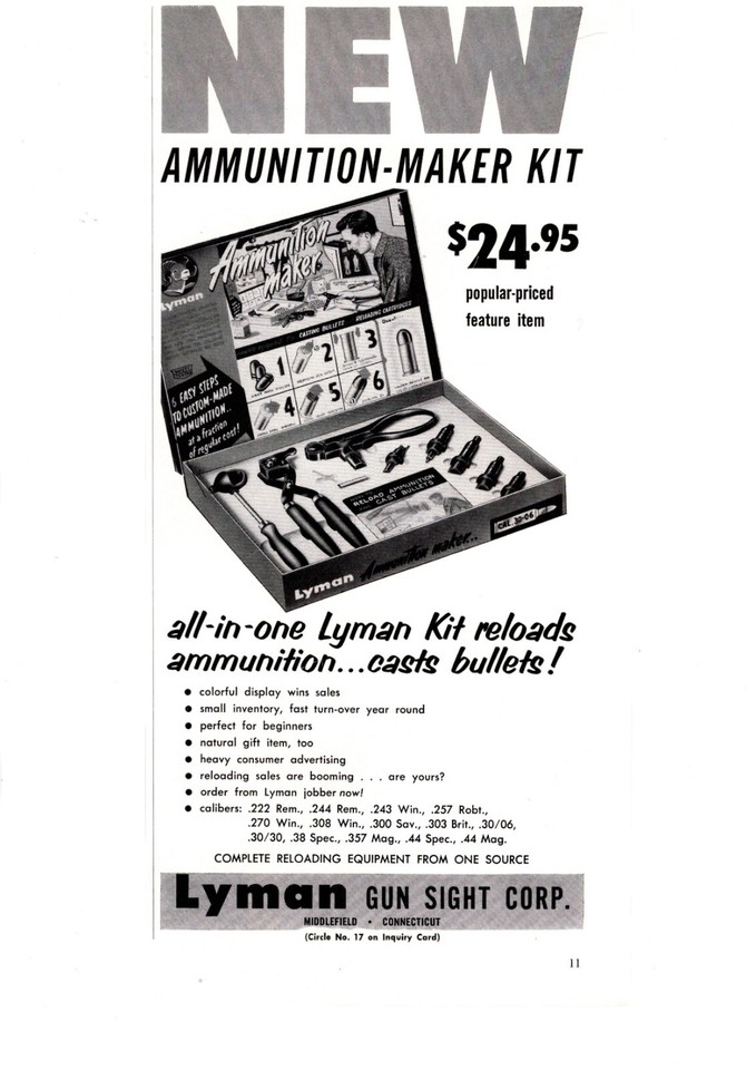 1957 LYMAN AMMUNITION MAKER KIT PRINT AD, AMMUNITION, BULLET, SHELL ...