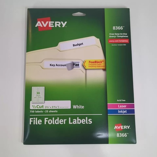 Avery 8366 File Folder Labels TrueBlock Inkjet Laser White 750 Pack 1/3 ...