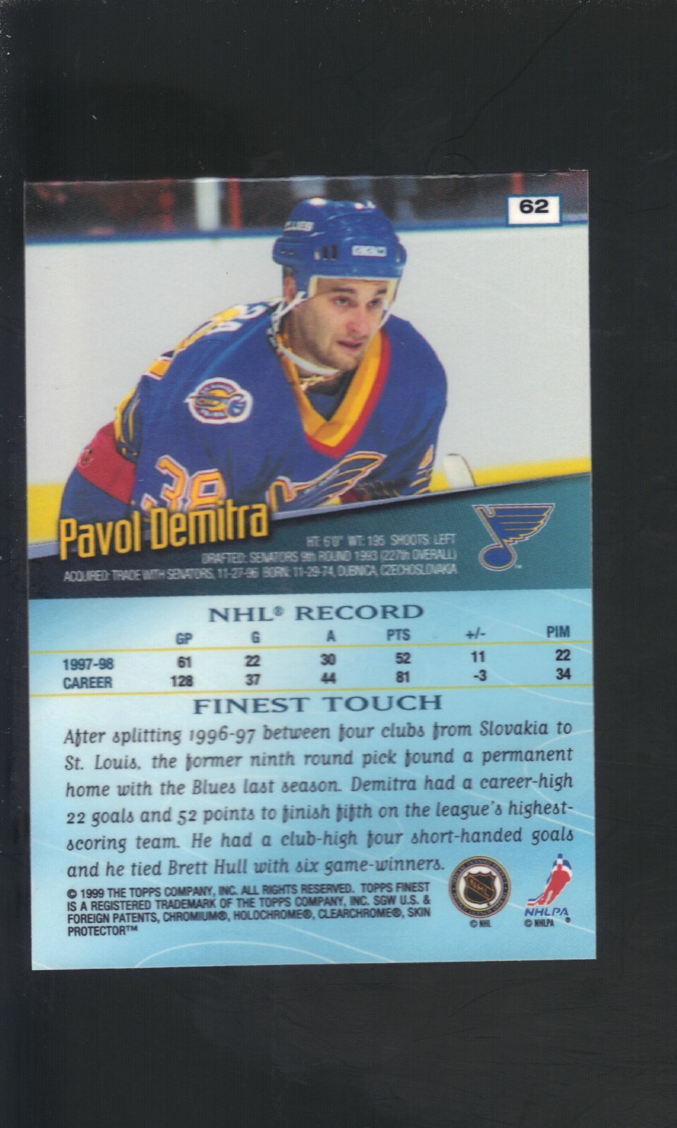1999 TOPPS FINEST HOCKEY CARD PAVOL DEMITRA #62 NM-MT BLUES | eBay