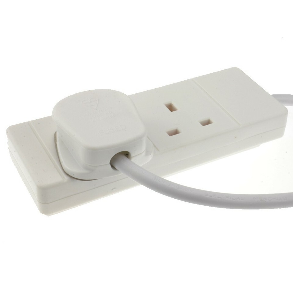 2-Gang Extension Trailing Lead White Multi Plug Power Cable 2Meter UK ...