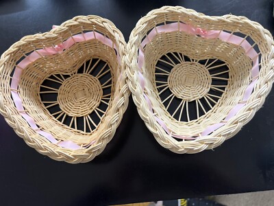 (2) Heart Shaped Wicker Basket With Ribbons Cute Home Decor Valentine’s ...