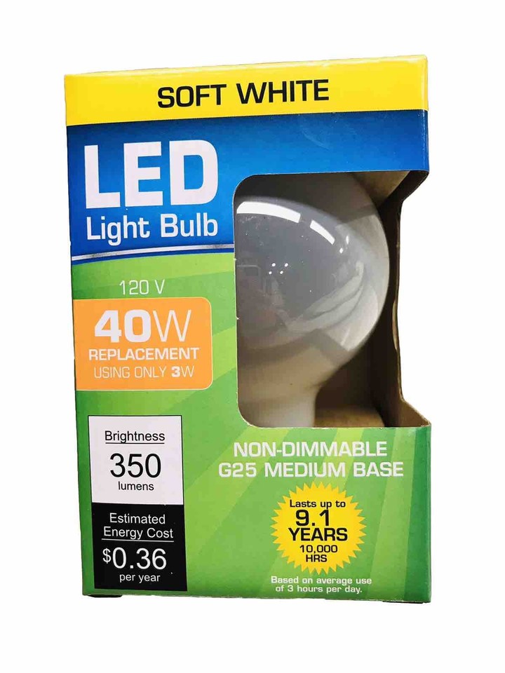 Soft White LED Light Bulb 120V/40W/Use Only 3W. 1 Pc. G25 Med. Base | eBay
