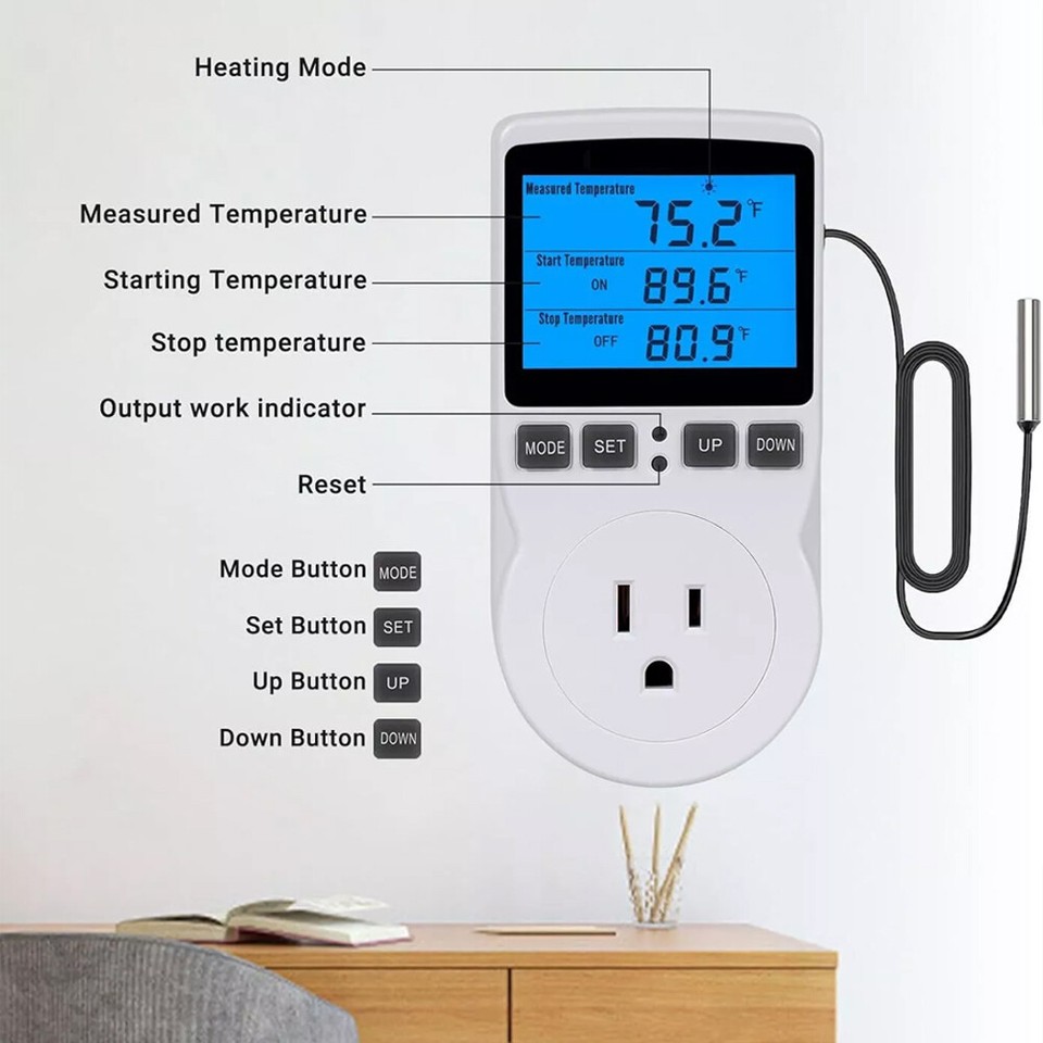 Digital Thermostat Outlet Plug Temperature Controller Heating Cooling ...