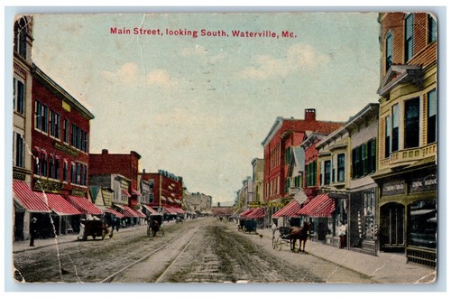 Waterville Maine ME Postcard Main Street Business Section Carriages ...