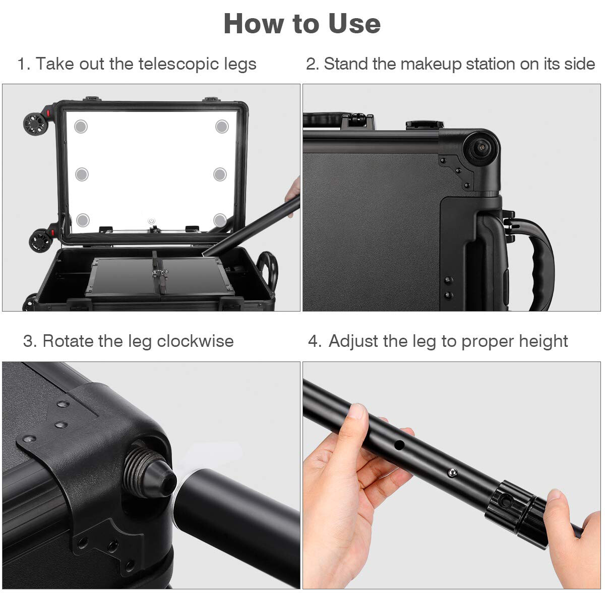 PROFESSIONAL COSMETIC MAKEUP CASE TROLLEY LED MIRROR WITH DETACHABLE ...