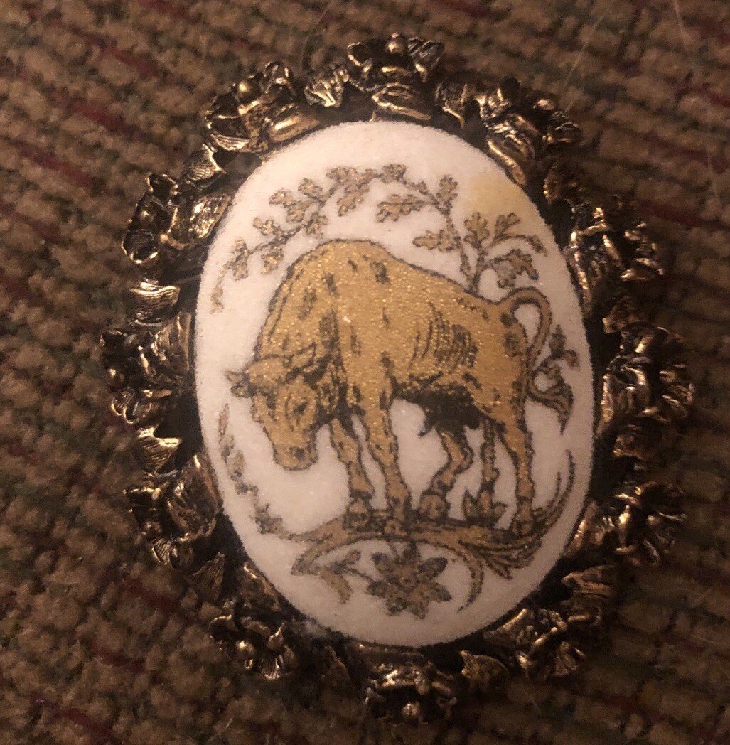Taurus Bull Zodiac Gold Tone Vintage Sugar Brooch Pin… - Gem