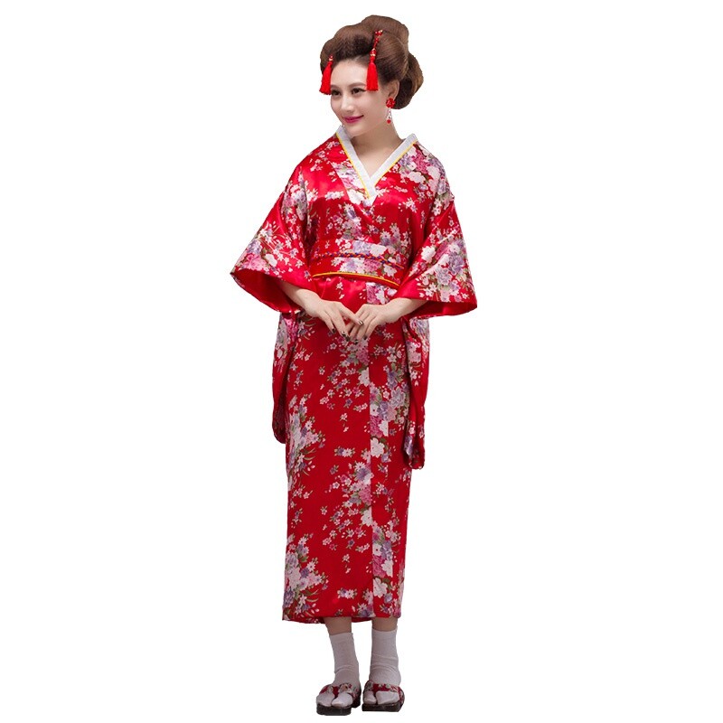 Women Floral Japanese Kimono Satin Robe Yukata Geisha Costume Show ...