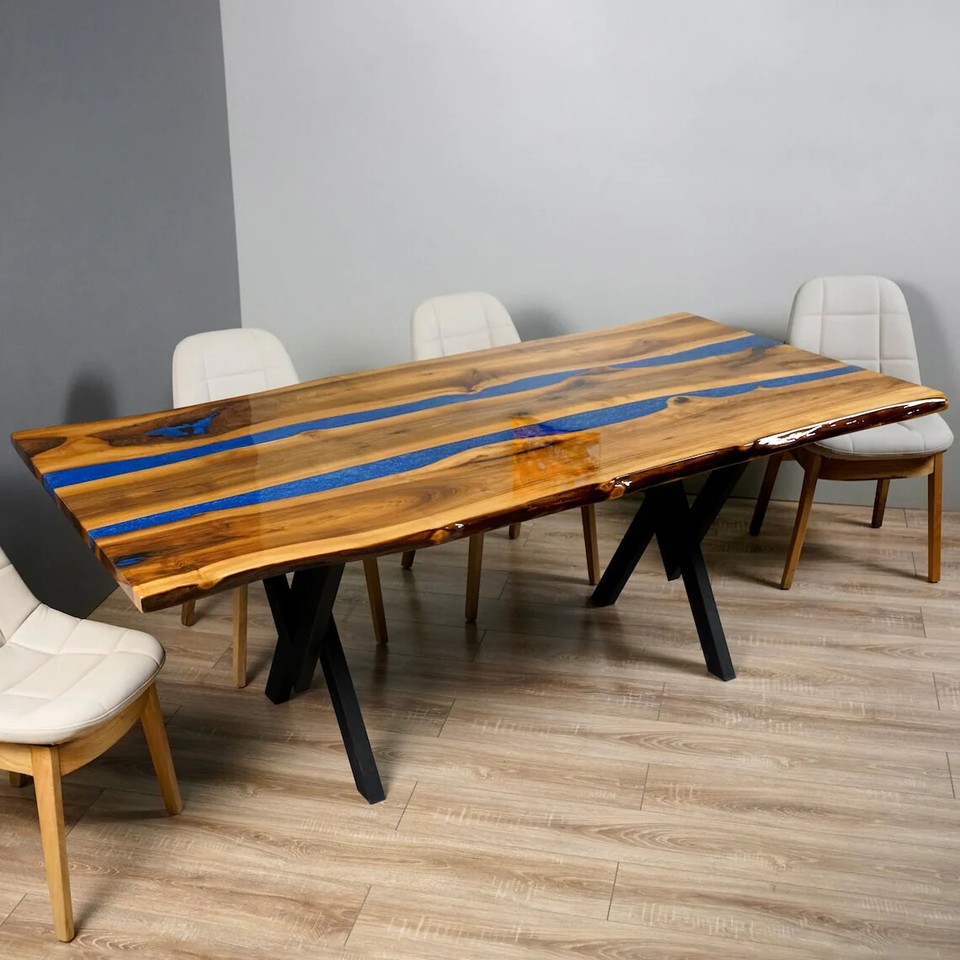 Epoxy Blue River Dining Table - Modern Wood Farmhouse Kitchen Table ...