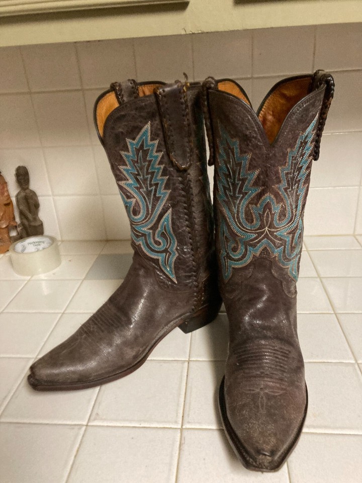 Lucchese Handmade Cowboy Boots Size 10.5 D Snip Toe Blue Embroidery | eBay