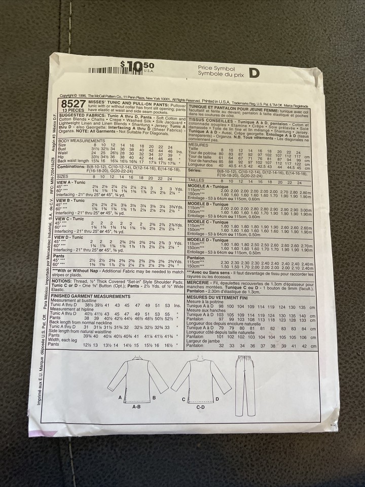 McCalls 8527 Misses 2 Hour Tunics & Pull-On Pants Sewing Pattern Sz 8 ...