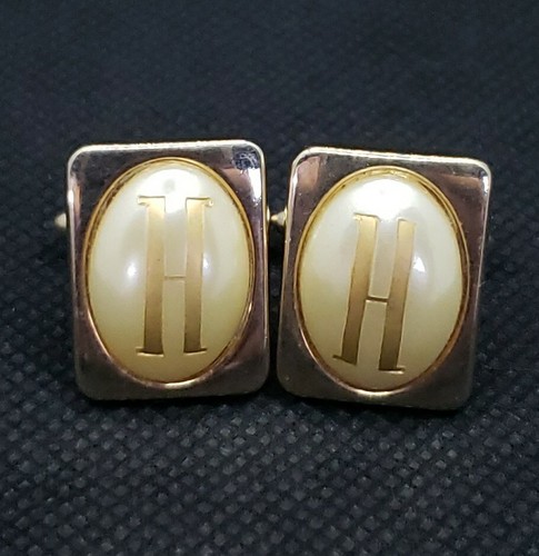 Vtg Swank Monogram H Cufflinks Gold Tone Rectangle White Domed Cabochon ...