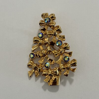 Avon Christmas Tree Brooch Pin Vintage Open Bow Blue Rhinestone Gold ...