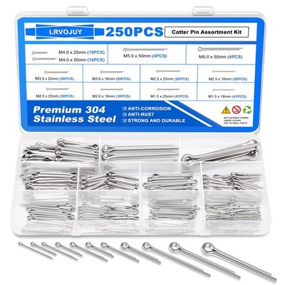 250PCS Cotter Pin Assortment Kit, 12 Sizes, 304 Stainless Steel ...