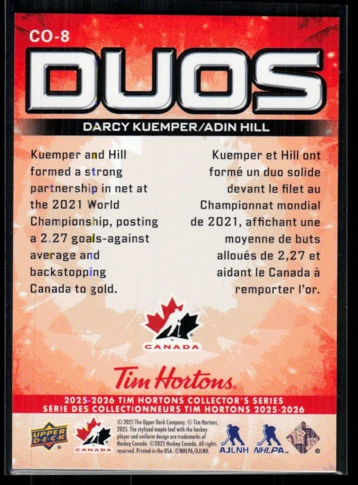 2026 UPPER DECK TIM HORTONS TEAM CANADA DUOS INSERT CARDS*YOU PICK FROM ...