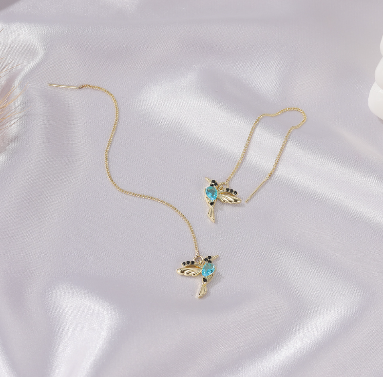 Women Girl Gold Tone Drop Hummingbird Bird CZ Earrings Stud Threader ...