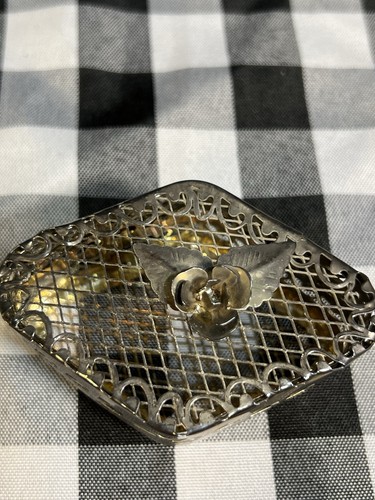 VTG Jewelry Trinket Box Diamond Shaped Silver Plate Filigree Mesh Rose ...