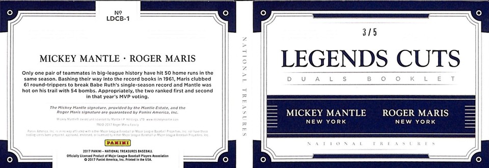 2017 NATIONAL TREASURES MICKEY MANTLE ROGER MARIS DUAL AUTO BOOKLET #D ...