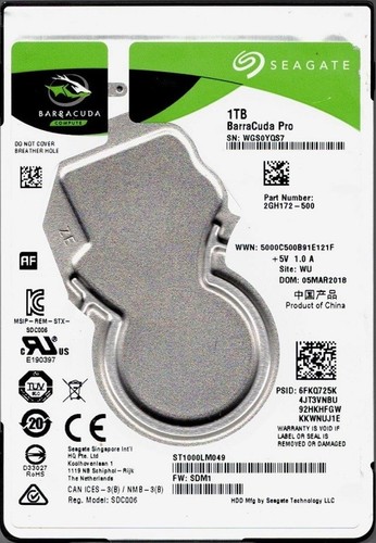 ST1000LM049 P/N: 2GH172-500 F/W: SDM1 WU WGS Seagate BarraCuda Pro 1TB ...
