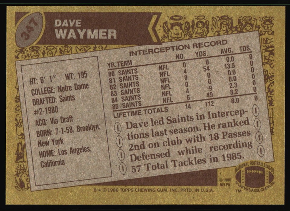 1986 Topps Dave Waymer #347 New Orleans Saints | eBay