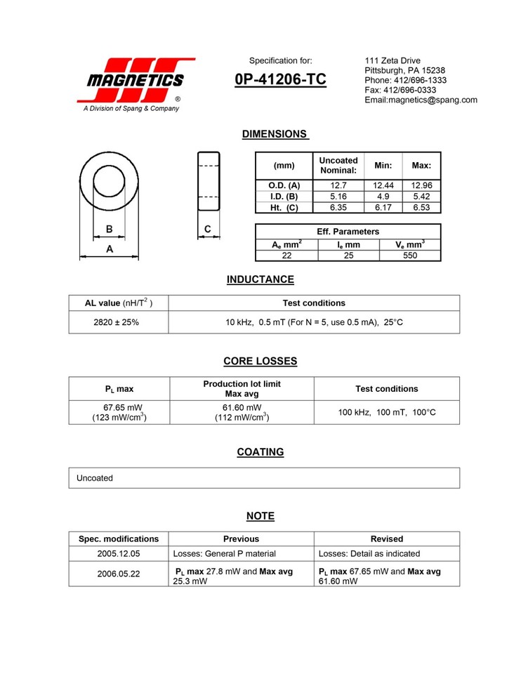 0P-41206-TC Magnetics Uncoated P Ferrite Core Toroid Type 0.50" X 0.25 ...