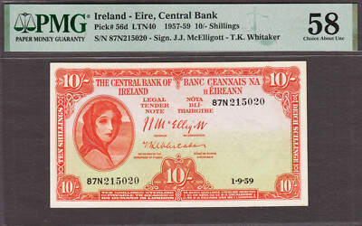 Ireland Lady Lavery 10/- Shilling 1.9.1959 Pick-56d About UNC PMG 58 | eBay