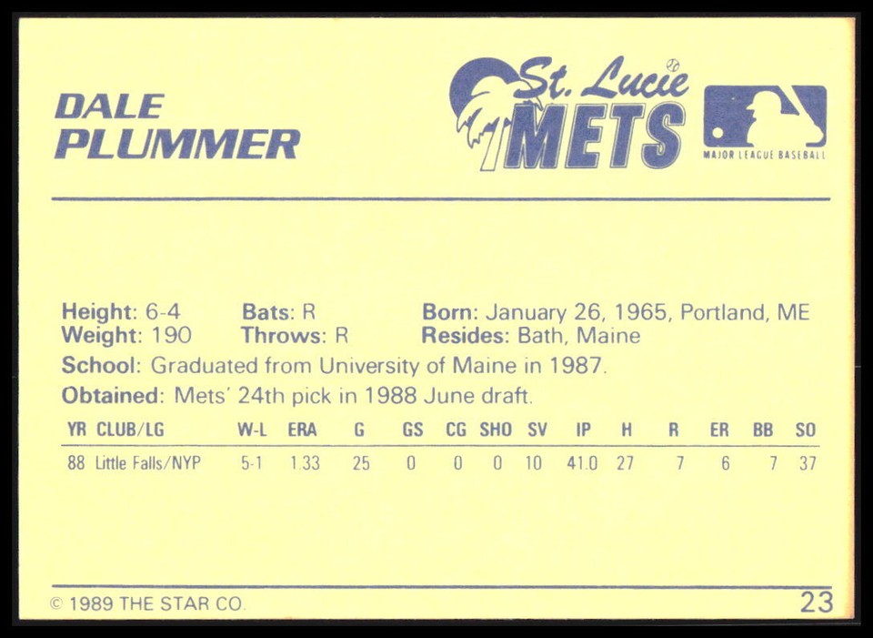 1989 Star Dale Plummer #23 St. Lucie Mets 5I | eBay