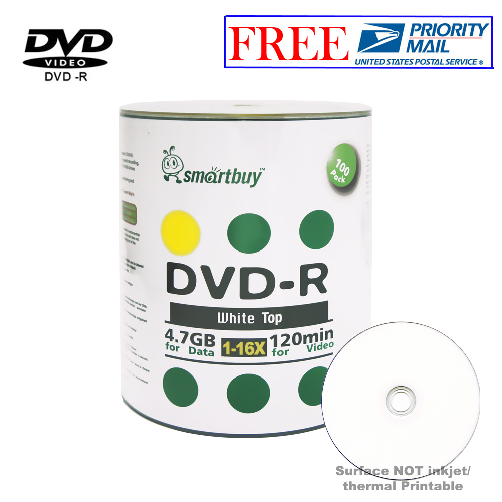 100-Pack Smartbuy Blank DVD-R DVDR 16X 4.7GB White Top Recordable Media ...