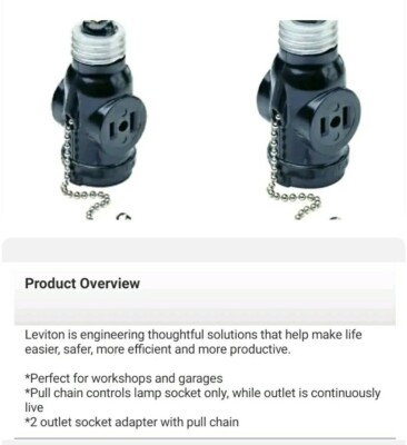 2 pack Light Bulb Socket Adapter Pull Chain Switch Two Outlet Power ...