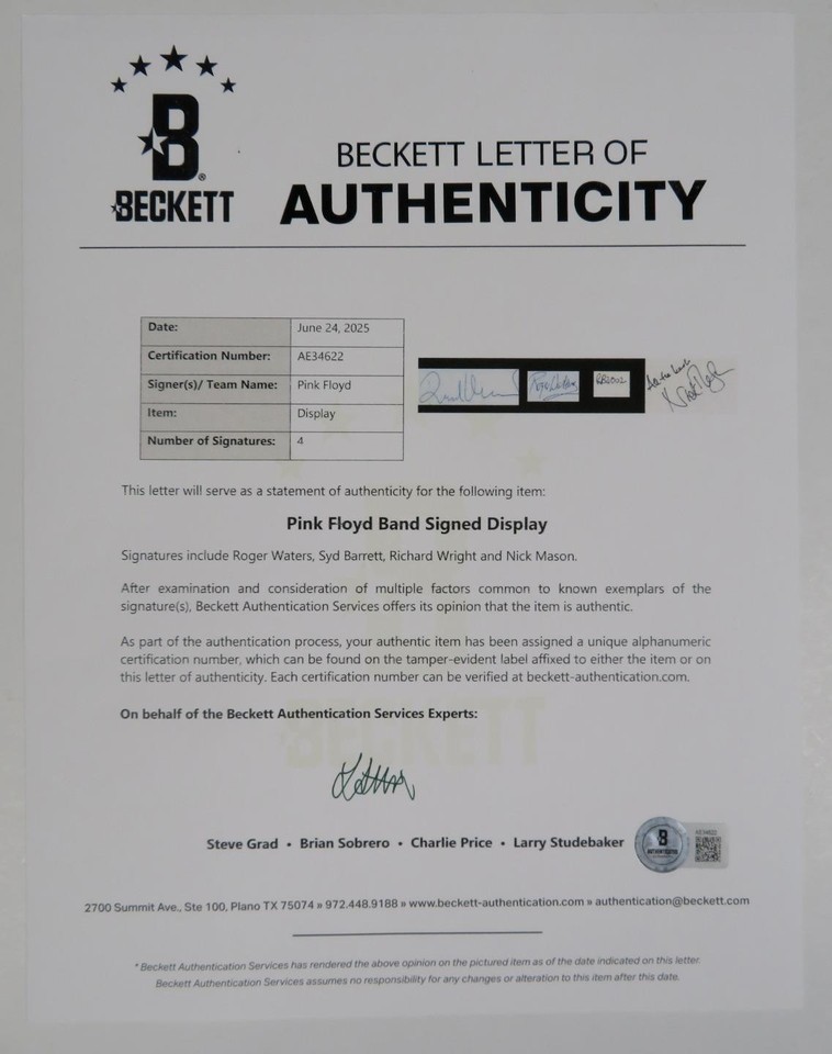 Syd Barrett PINK FLOYD Signed Autograph Auto Photo Display by 4 JSA BAS ...