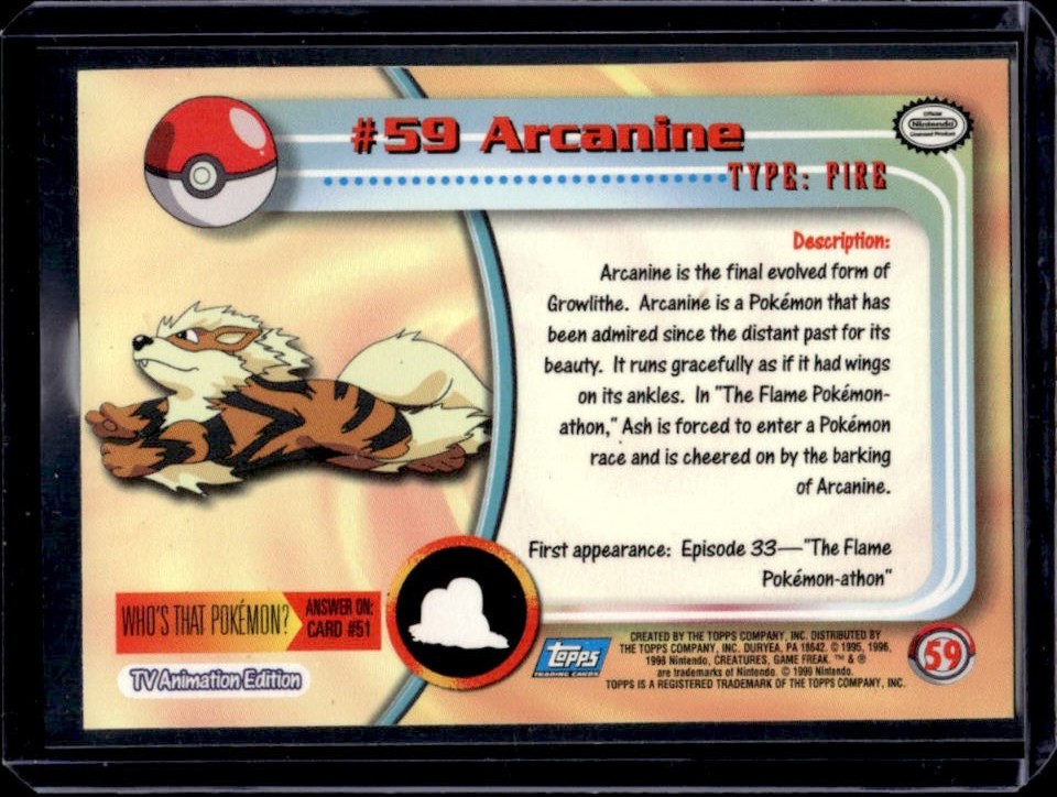 1999 Topps Pokemon TV Animation Edition Series 1 Arcanine Blue Logo ...