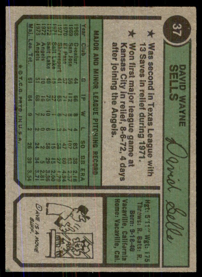 1974 Topps Dave Sells Rookie California Angels #37 | eBay
