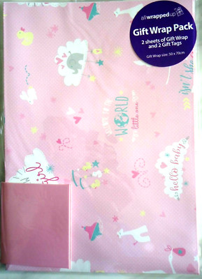 NEW BORN BABY GIRL GIFT WRAP - 2 SHEETS PINK WRAPPING PAPER &2 TAGS ...