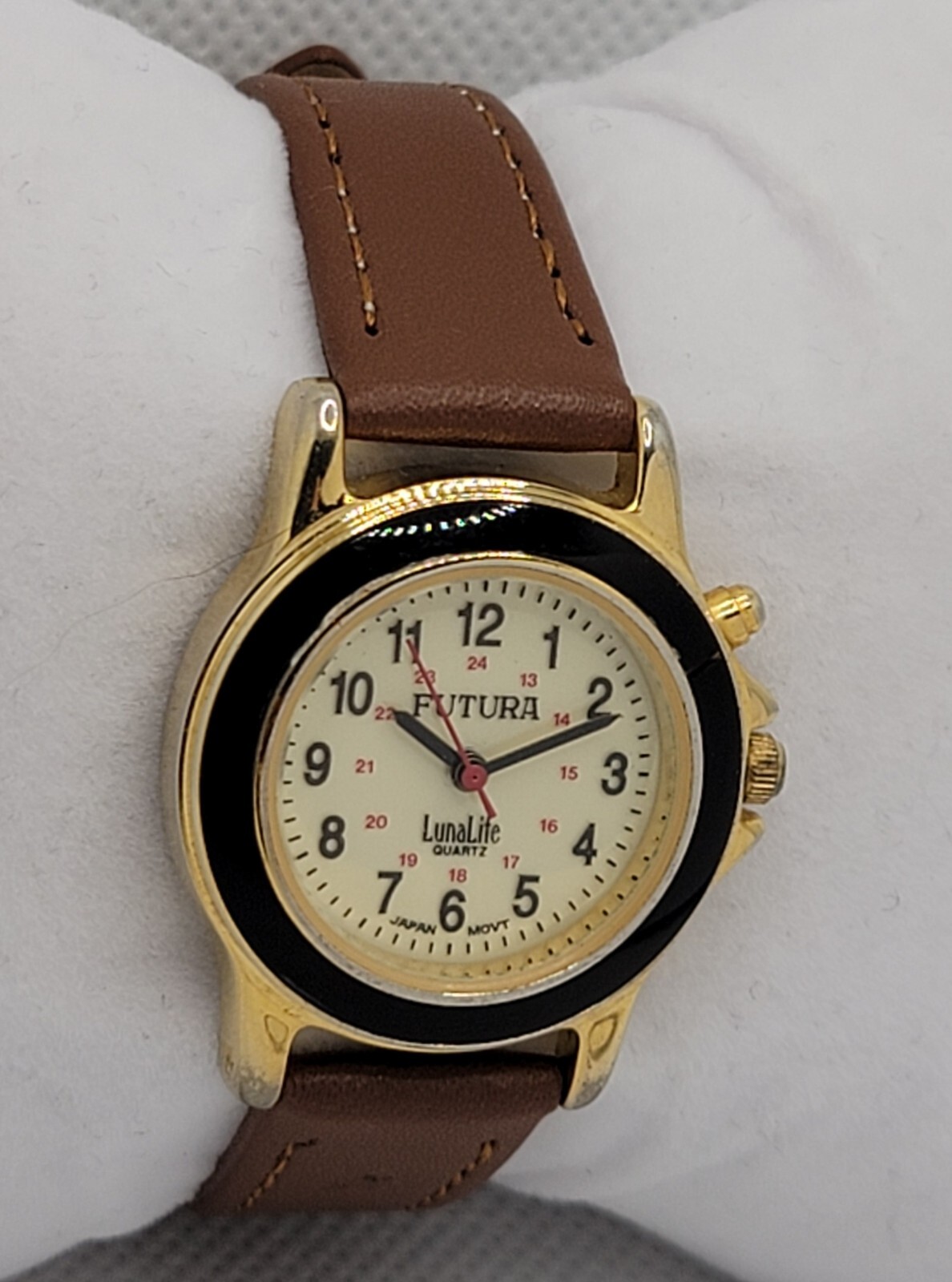 Ladies Futura LunaLife Gold Tone Backlight Brown Leather Band Analog ...