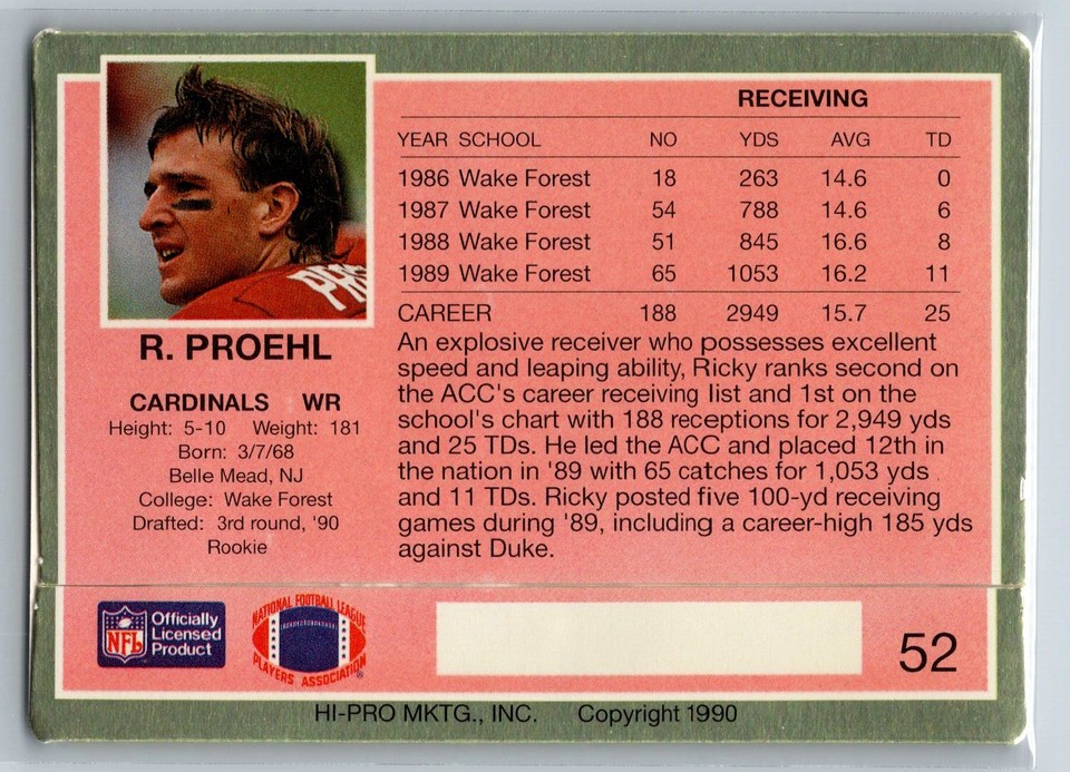 1990 Action Packed Rookie Update Ricky Proehl Rookie Cardinals RC #52 ...
