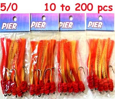 10 to 200 pcs 5/0 Shrimp Fly Rigs Tied Hook Red Yellow Rockfish Baits ...