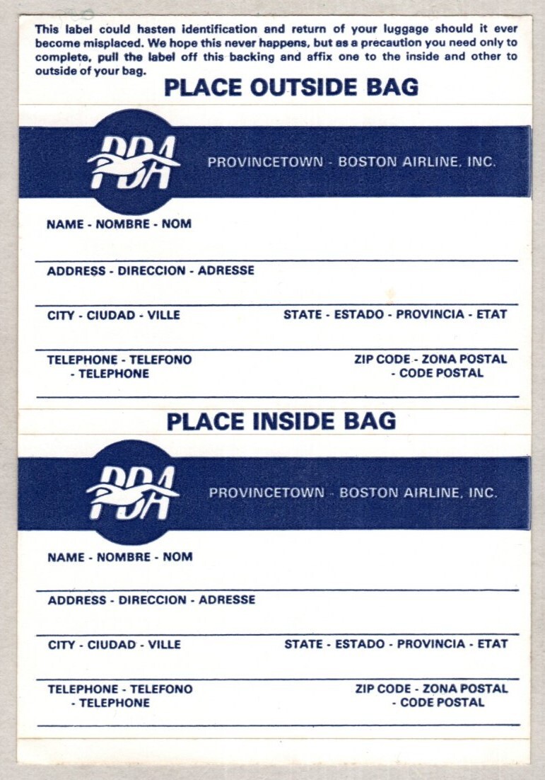 PBA - PROVINCETOWN BOSTON AIRLINE INC - 2 BAGGAGE TAG STICKERS ...