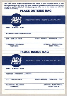 PBA - PROVINCETOWN BOSTON AIRLINE INC - 2 BAGGAGE TAG STICKERS ...