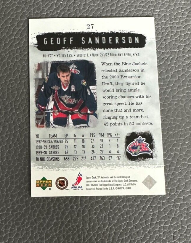 2000 SP Authentic Geoff Sanderson #27 Columbus Blue Jackets Hockey Card ...