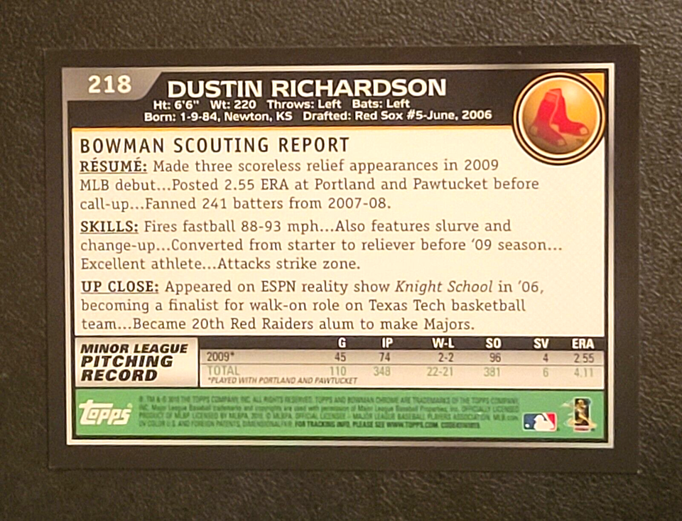 2010 Bowman Chrome Rookie Auto Dustin Richardson #218 RC Boston Red Sox ...