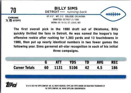 2024 Topps Chrome #70 Billy Sims | eBay