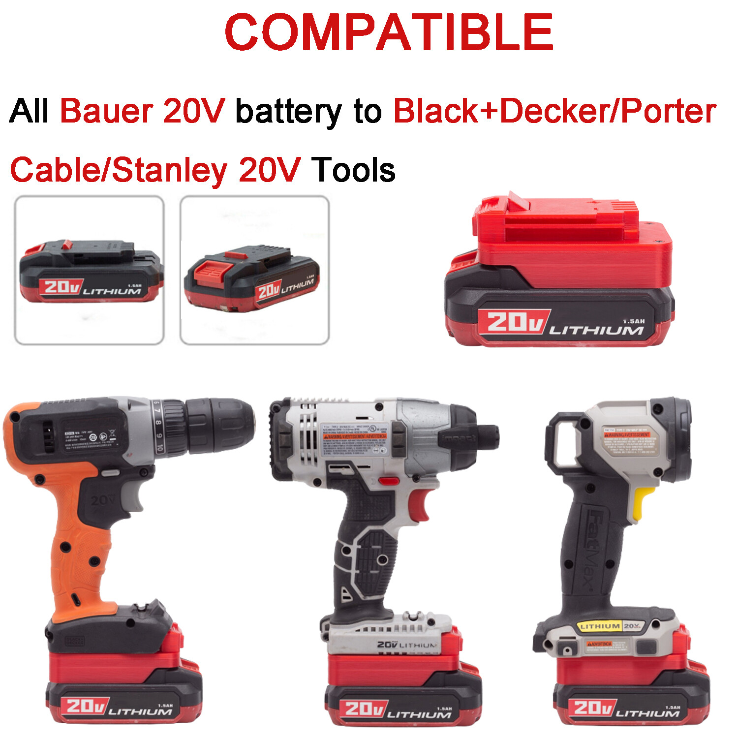 For Bauer 20V Battery Adapter to for Black＆Decker/Porter Cable/Stanley ...