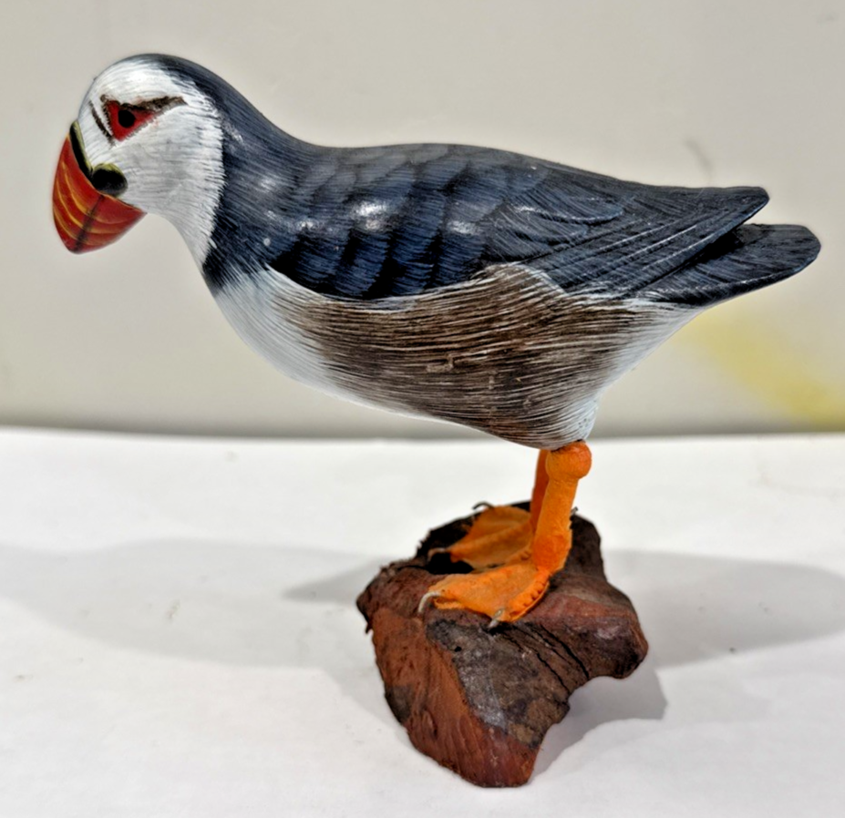 Hand Carved Painted Wood Puffin Bird Figure Nature Sculpture Wood Base ...